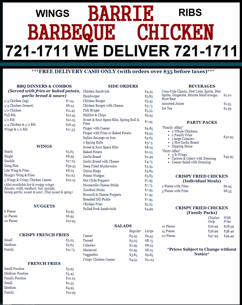 Full Menu | Barrie Barbecue Chicken